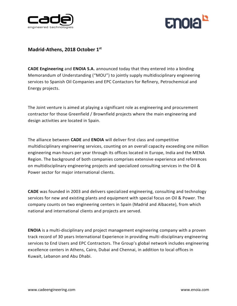 ENOIA | CADE Engineering and ENOIA S.A announce an agreement to jointly ...